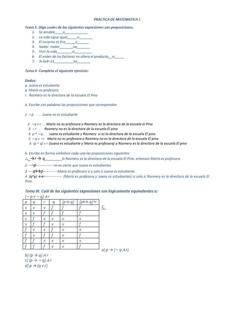 Practica de Matematica I. Unidad 1 | PDF | Lógica | Matemáticas