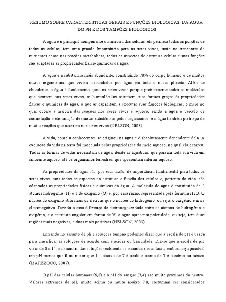 Resumo Agua, PH e Tampoes | PDF | Água | Ph