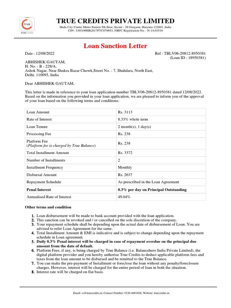 Sanction Letter | PDF | Loans | Interest