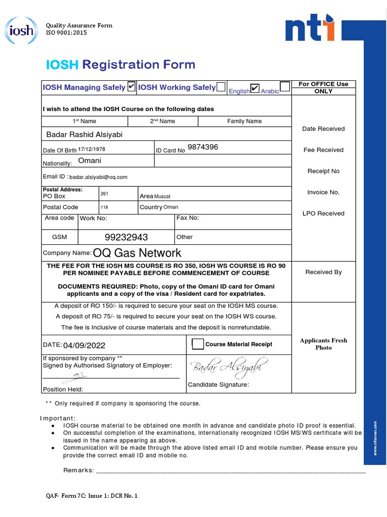 Form 7C - HSE - IOSH Registration | PDF