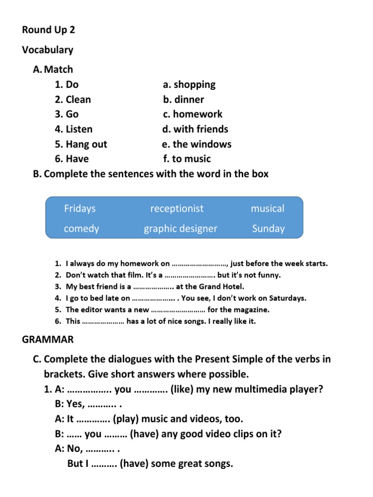 Round Up 2: Vocabulary, Grammar, Communication Practice | PDF ...