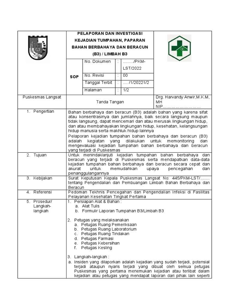 Sop Pelaporan Dan Investigasi Kejadian Tumpahan Paparan B3 | PDF
