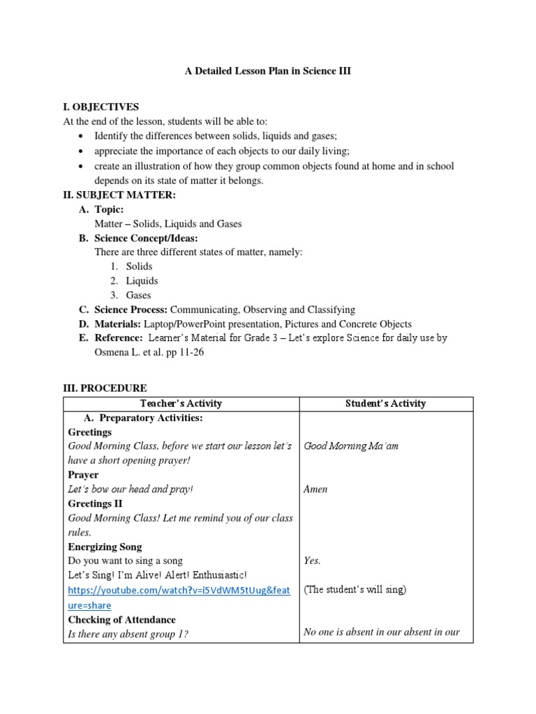 ScienceIII - Detailed Lesson Plan | PDF | Matter | Gases