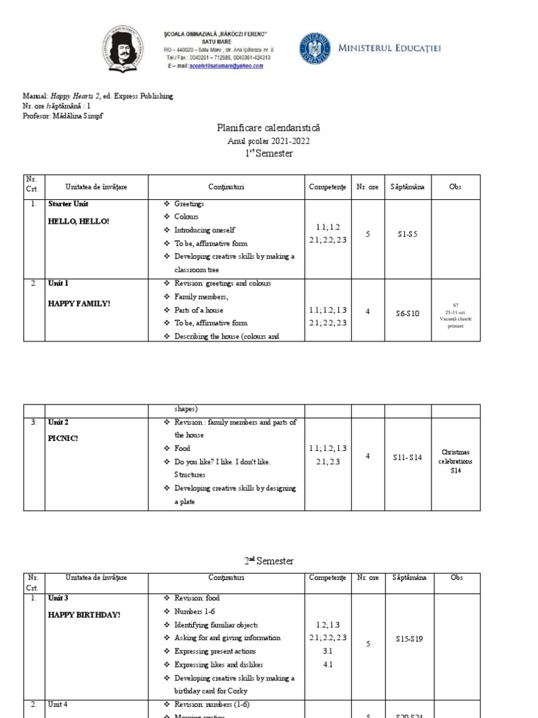 Happy Hearts 2 Lesson Plan 2021-2022 | PDF | Observances | Birthdays
