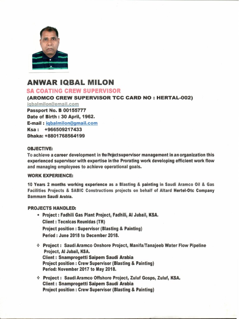 CV Coating Crew Supervisor (Offshore) | PDF