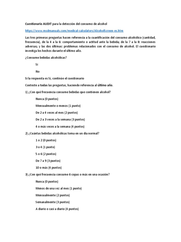 Cuestionario AUDIT para La Detección Del Consumo de Alcohol | PDF ...