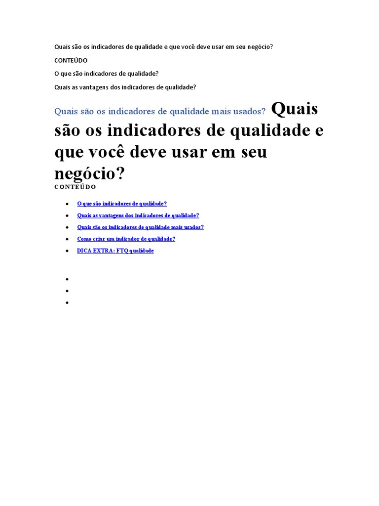 Indicadores de Qualidade Essenciais | PDF | Qualidade (negócios ...