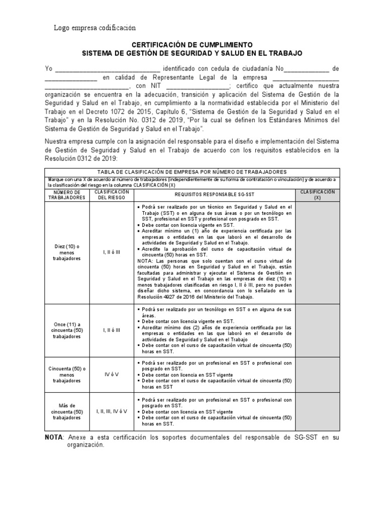 Formato de Certificacion de Cumplimiento Del SGSST para Proveedores v3 ...