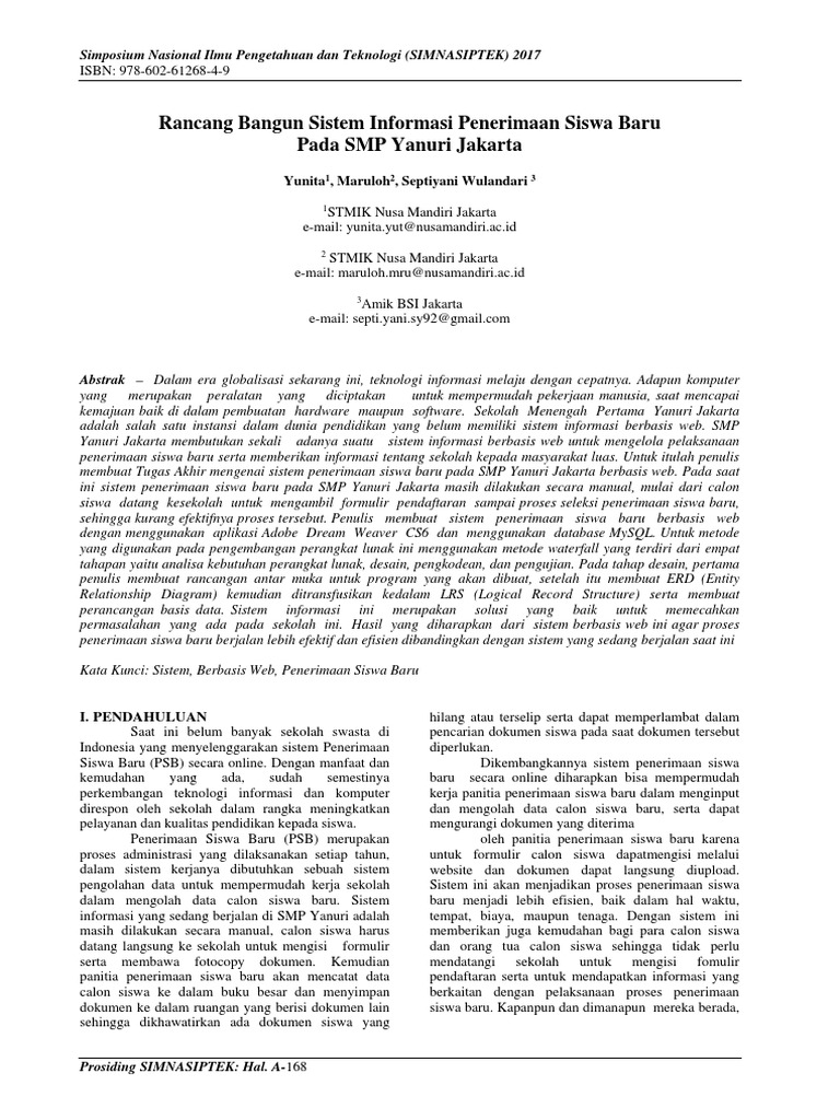 RANCANG BANGUN SISTEM INFORMASI PENERIMAAN SISWA BARU BERBASIS WEB PADA SMP YANURI JAKARTA | PDF