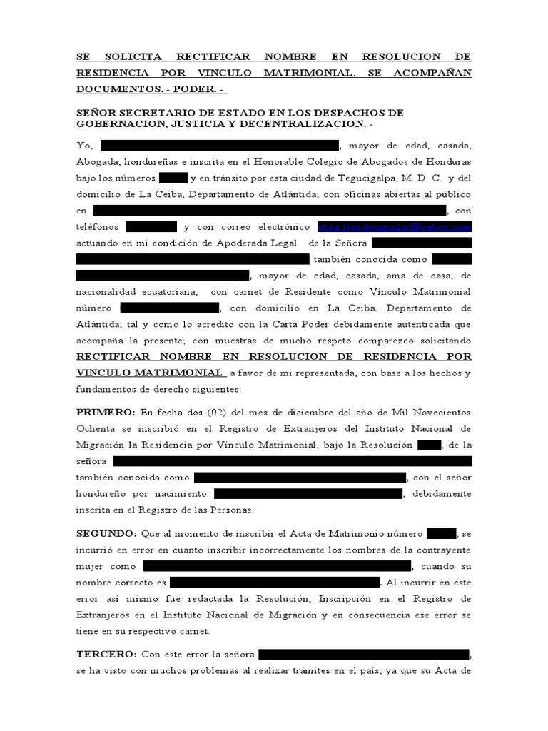 Formato Solicita Rectificar Nombre en Resolucion de Residencia Por Vinculo Matrimonial. | PDF ...