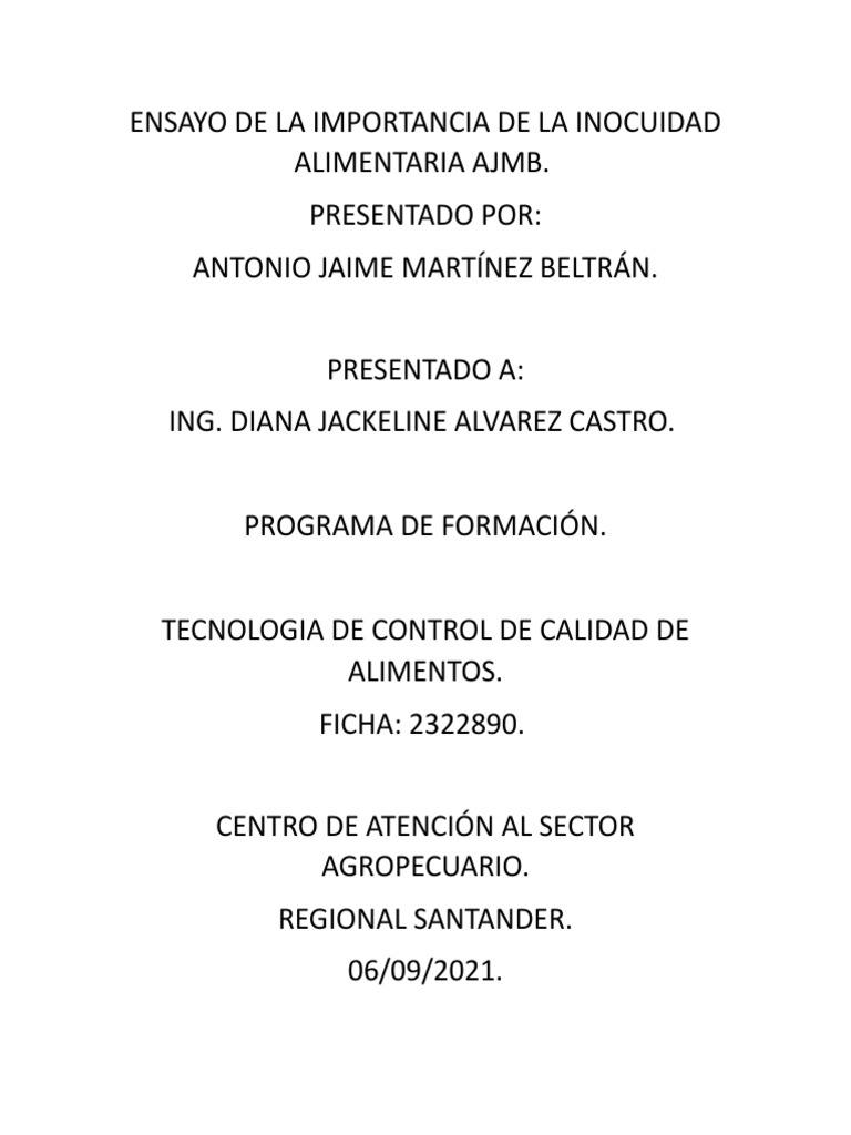 Ensayo de La Importancia de La Inocuidad Alimentaria Ajmb | PDF | Seguridad alimenticia | Alimentos