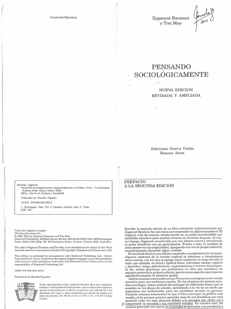 Zygmunt Bauman Pensando Sociológicamente II | PDF