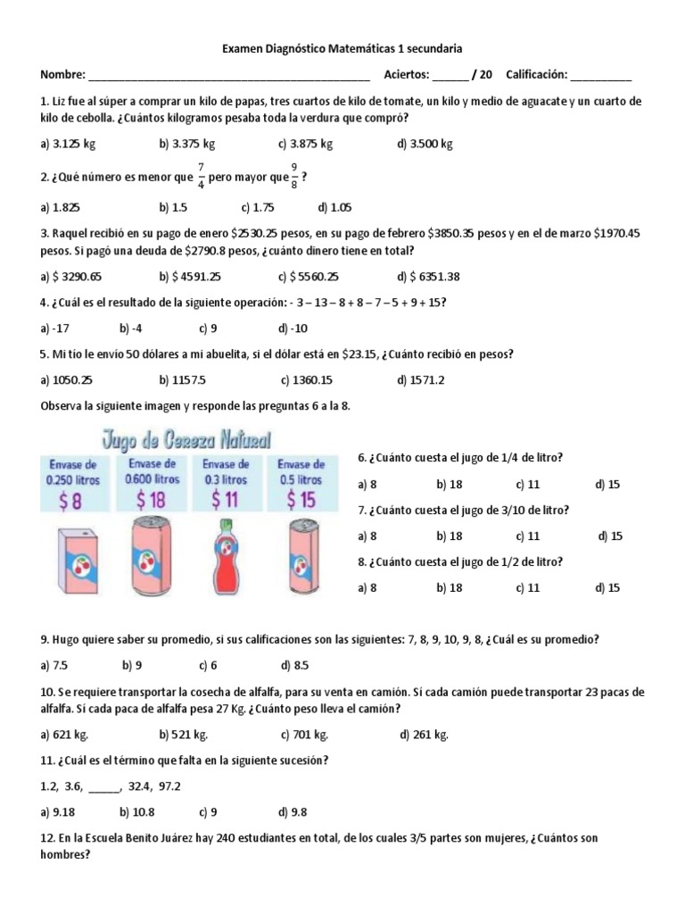 Examen Diagnóstico Matemáticas 1 Secundaria | PDF