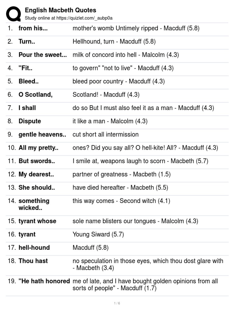 Macbeth Quotes | PDF | Macbeth | Shakespearean Tragedies