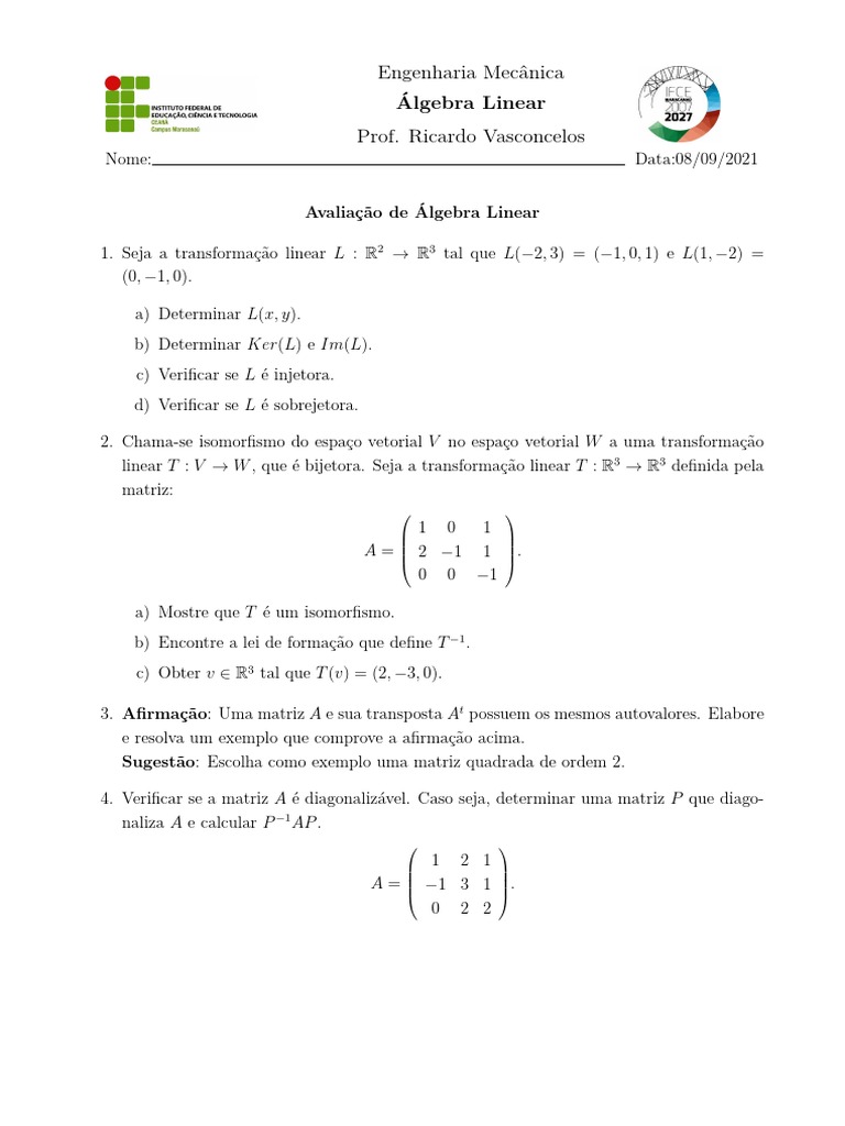 Algebra Prova 2 | PDF