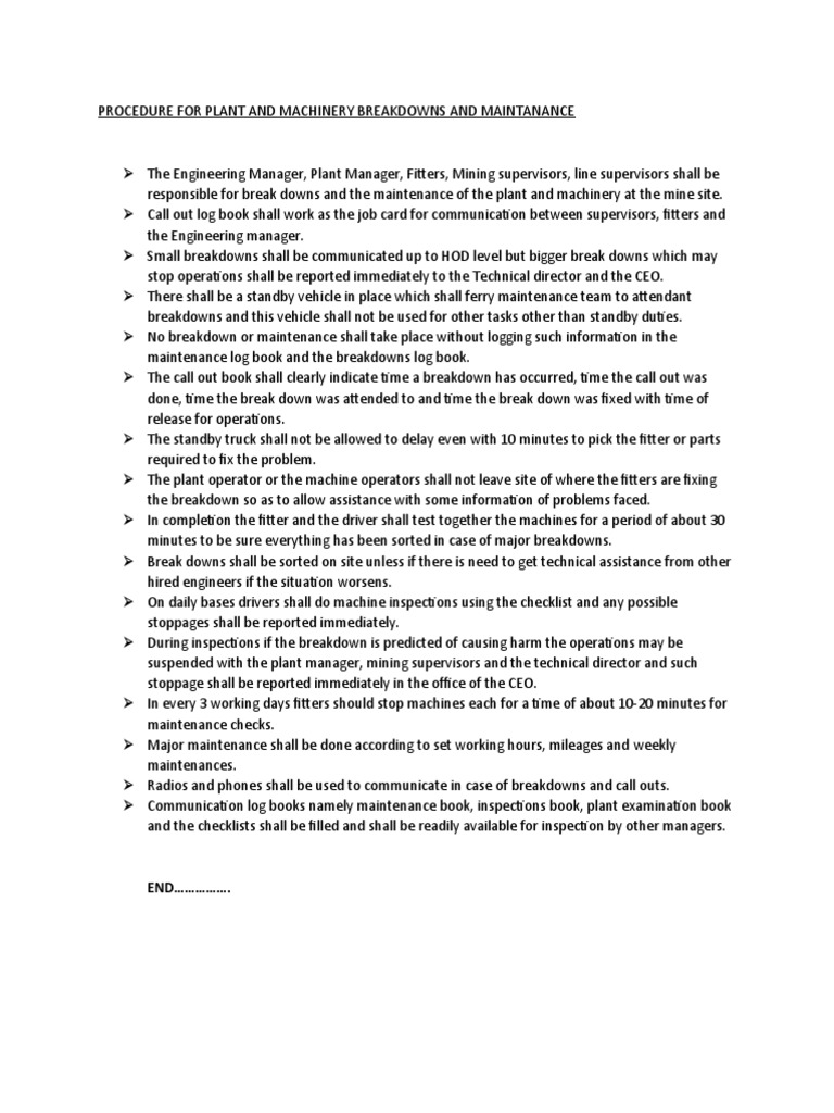 Plant Breakdown Maintenance Procedure | PDF | Transport