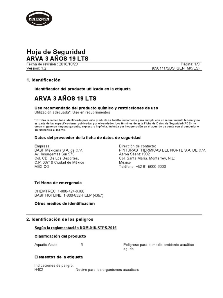 Hoja de Seguridad Arva 3a | PDF | Cáncer | Toxicidad