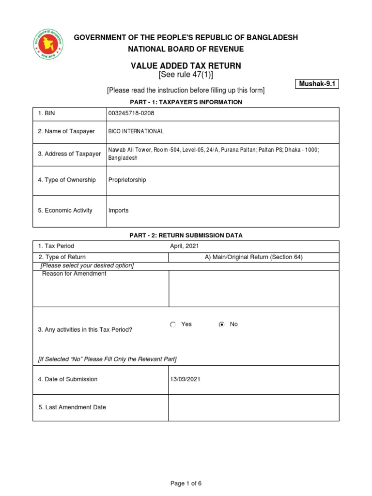 Mushak-9.1 VAT Return On 13.SEP.2021 | PDF | Value Added Tax | Taxes