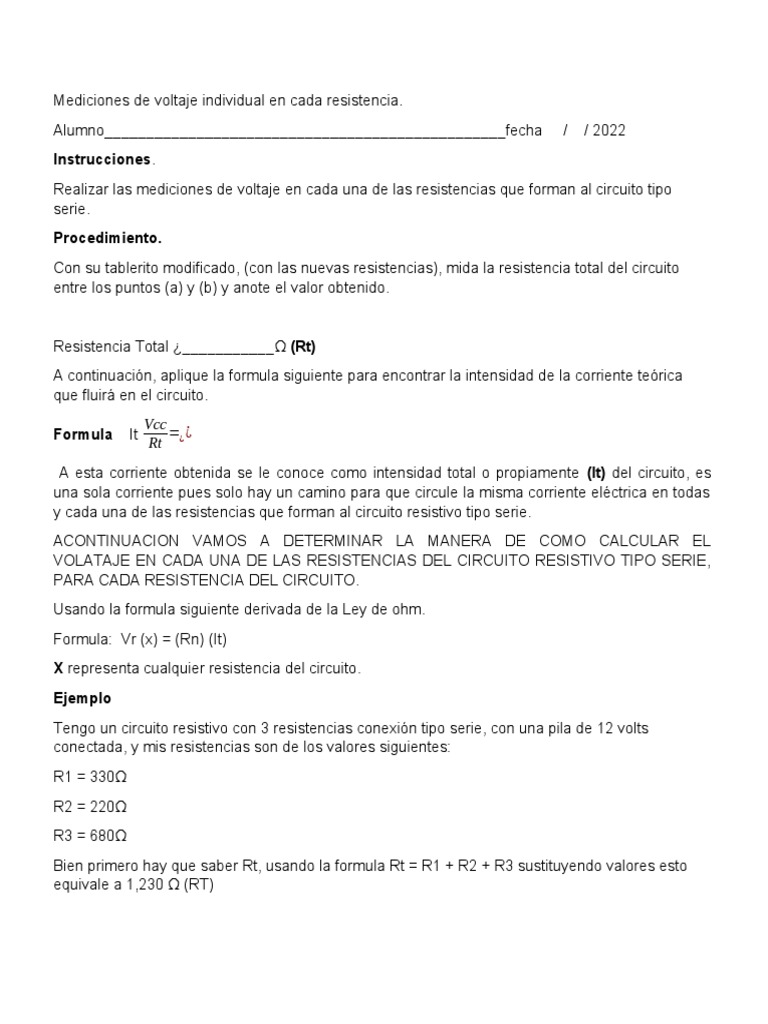 Mediciones de Voltaje en Circuito Resistivo Tipo Serie | Descargar gratis PDF | Resistencia ...