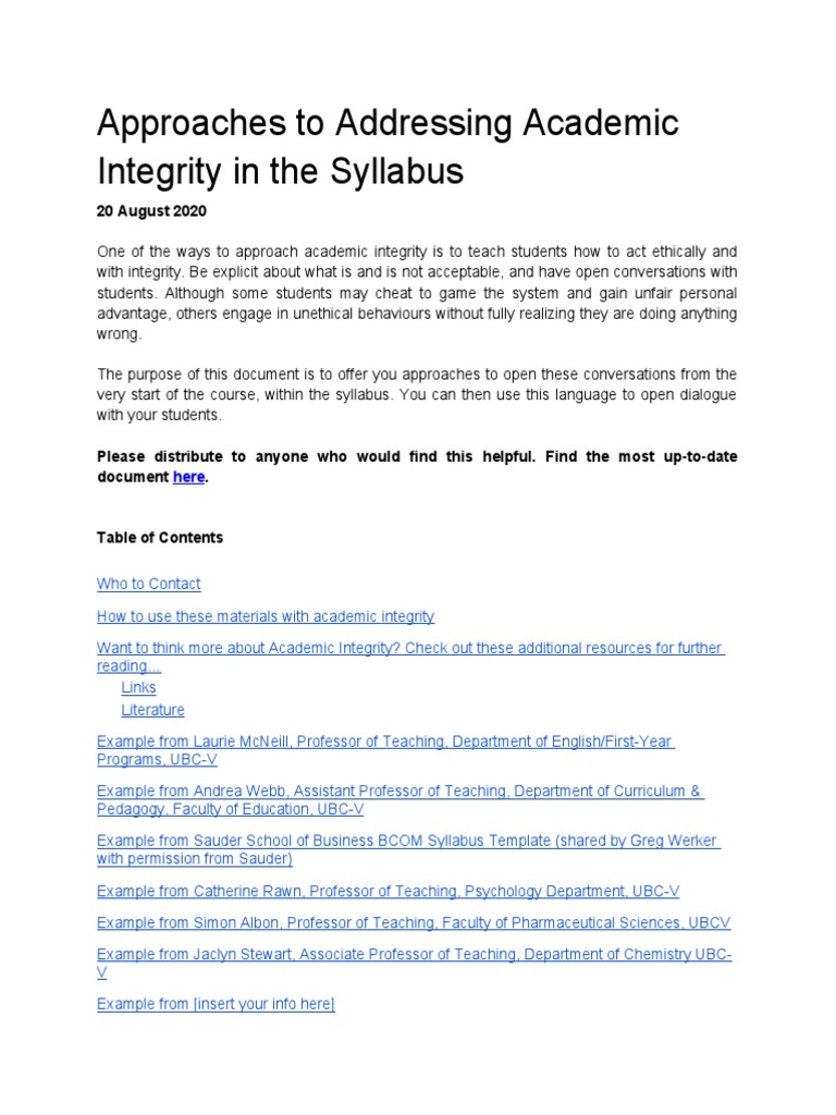 Approaches To Academic Integrity in The Syllabus | PDF | Academic ...