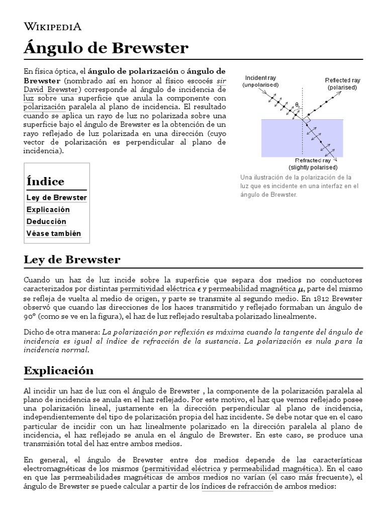 Ángulo de Brewster - Wikipedia, La Enciclopedia Libre | PDF | Polarización (ondas) | Química Física