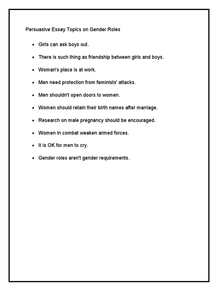 Gender Roles: Persuasive Essay Topics | PDF