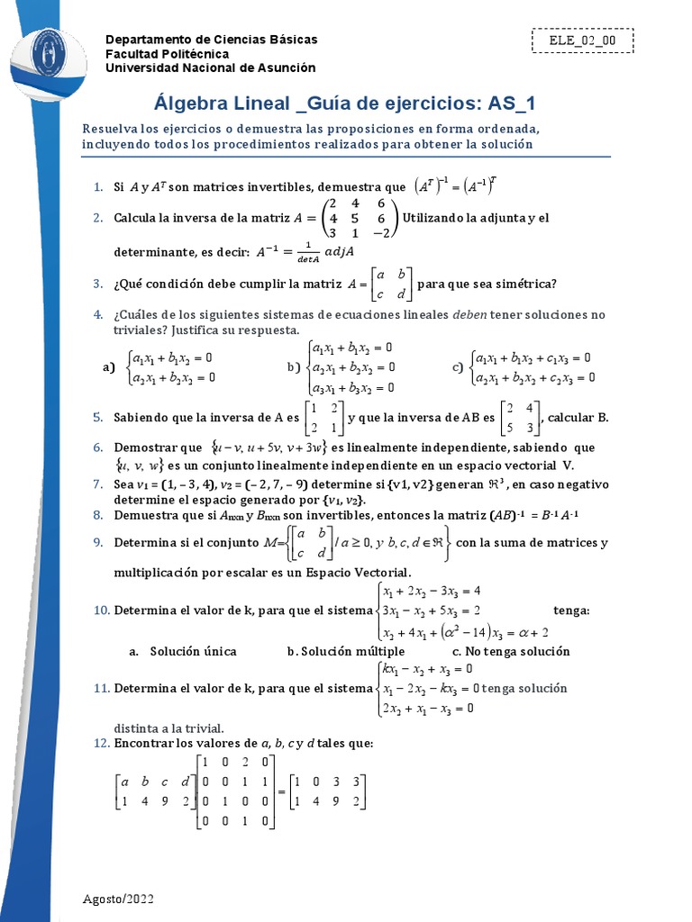 GE - Guia de Ejercicios - Algebra Lineal FP UNA | PDF | Matriz ...