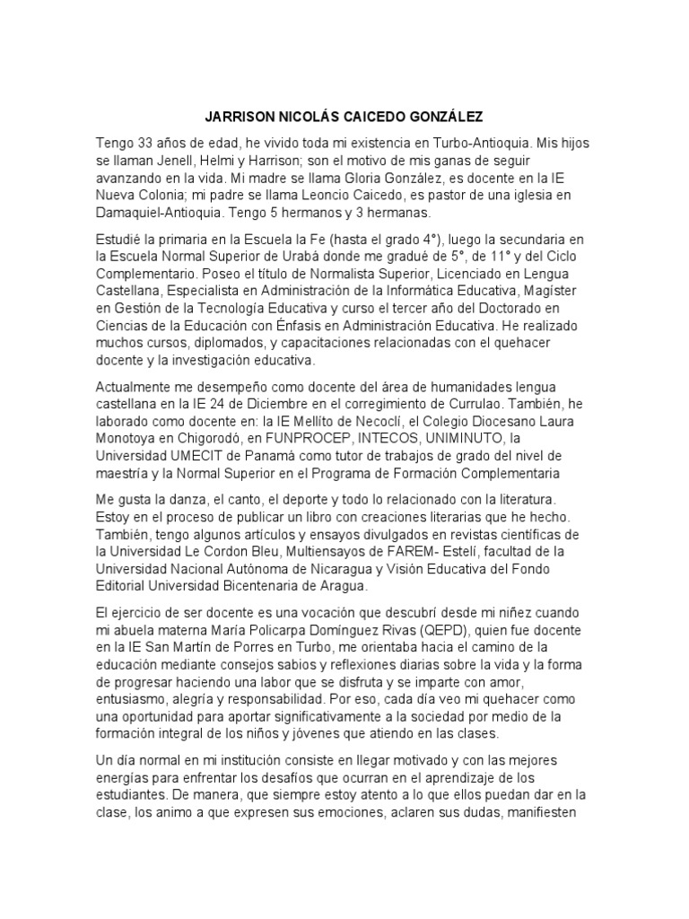 Biografia - JARRISON NICOLÁS CAICEDO GONZÁLEZ | PDF | Maestros