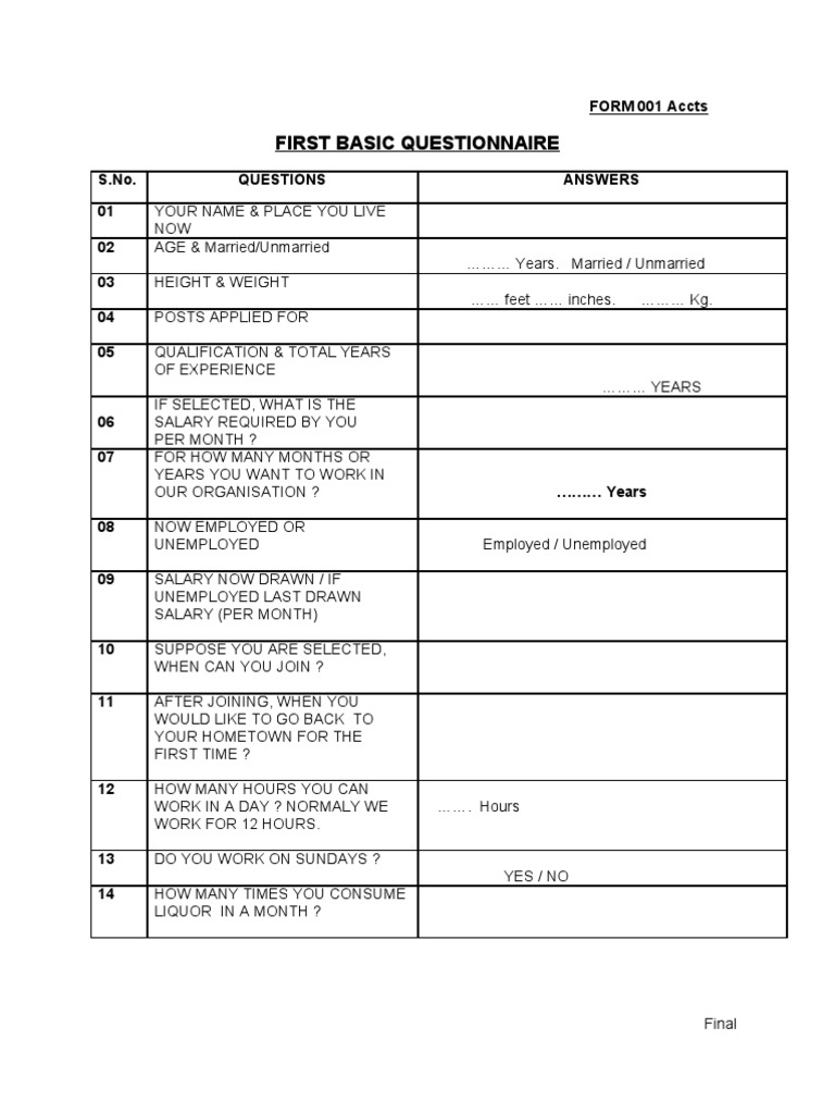 Basic Accounts Job Questionnaire Form | PDF