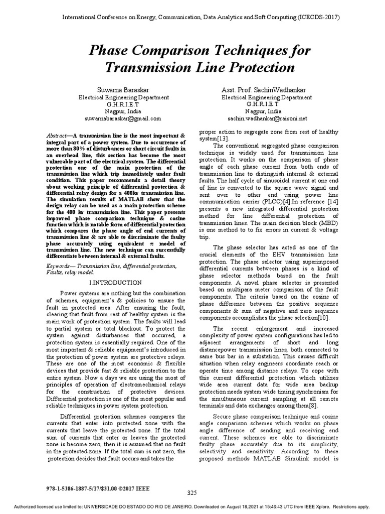 Phase Comparison Techniques For Transmission Line Protection | PDF ...