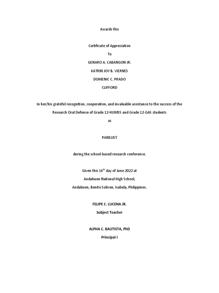 Cert of Appreciation-Panelist | PDF