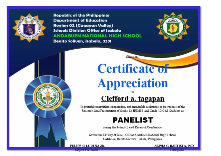 Certificate of Appreciation for Panelist | PDF | Wellness
