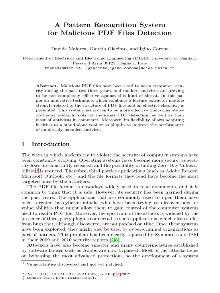 A Pattern Recognition System For Malicious Pdf Files Detection Pdf