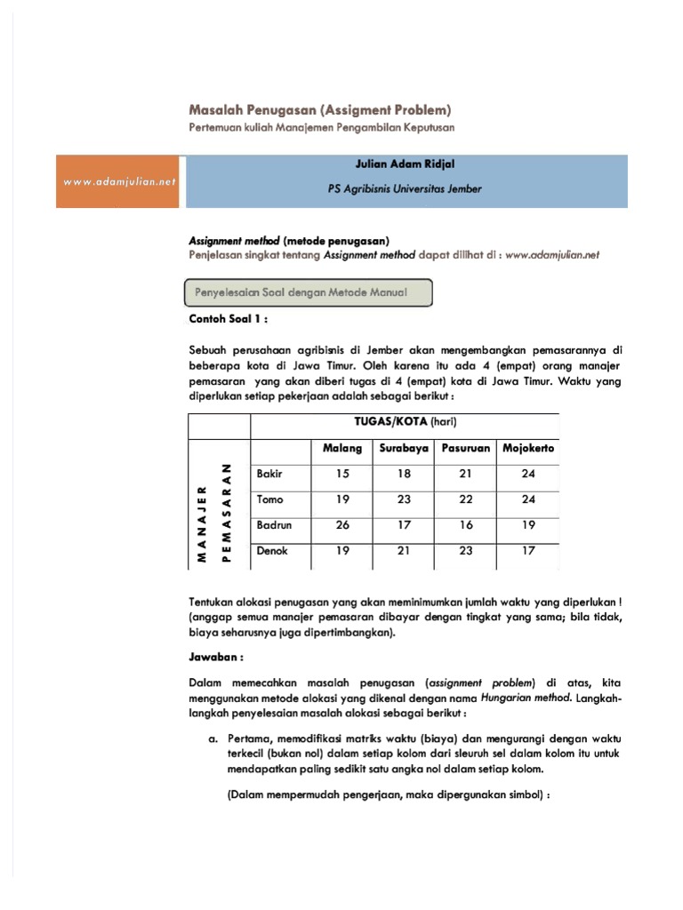 PDF Upload 1 Contoh Soal Masalah Penugasan Assignment Compress | PDF PDF Upload 1 Contoh Soal Masalah Penugasan Assignment Compress | PDF