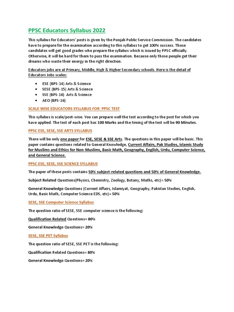 PPSC Educators Syllabus 2022 Guide | PDF