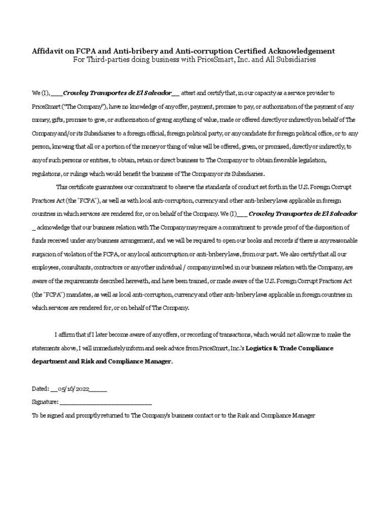 FCPA Anti-Bribery Certification Form | PDF | Economies | Government