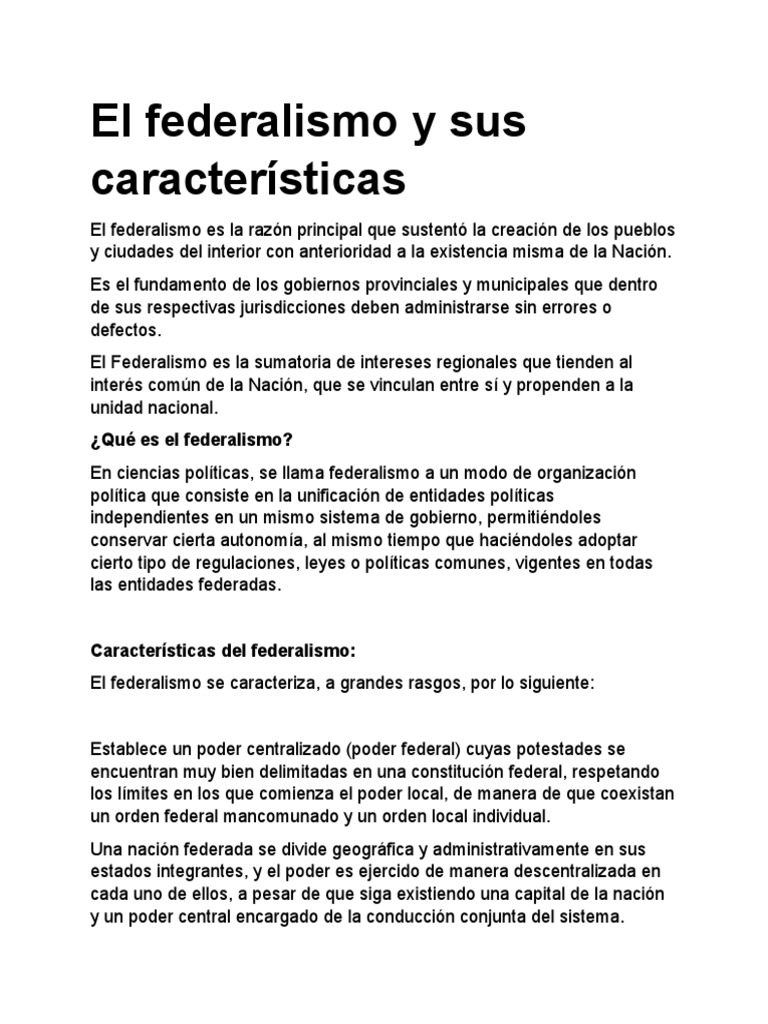 El Federalismo y Sus Características | PDF | Federación | Federalismo