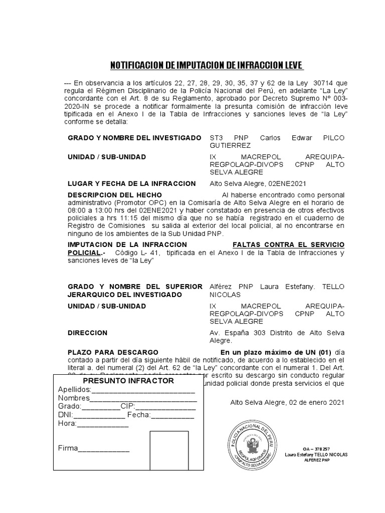 Notificacion de Imputacion de Infraccion Leve | PDF | Policía | Perú Notificacion de Imputacion de Infraccion Leve | PDF | Policía | Perú