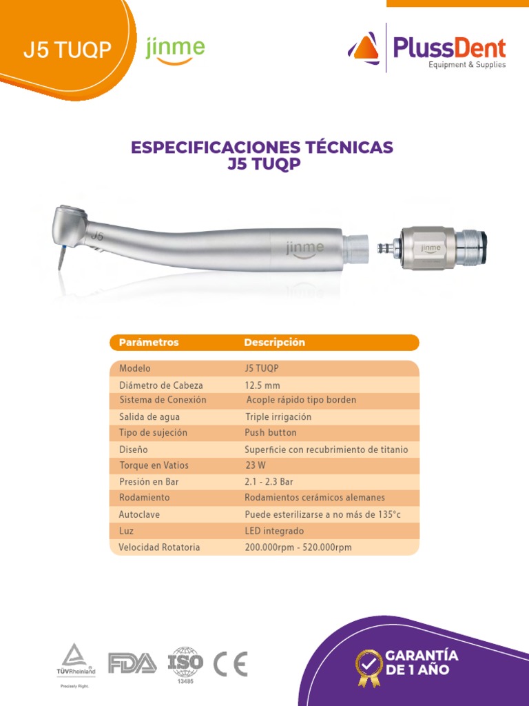 Piezas de Mano Alta Velocidad JINME J5 TUQP 705 JINME J5 TUQP - FICHA TECNICA - PLUSSDENT ...