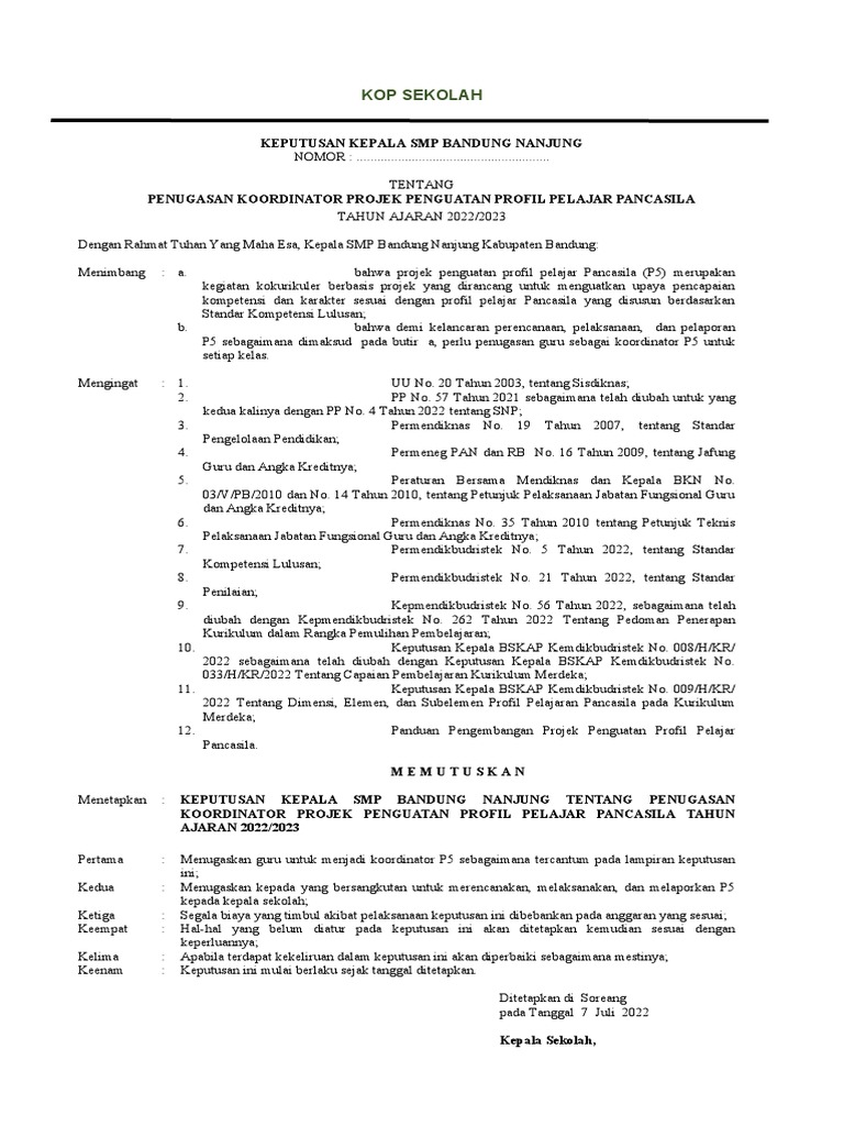 PENUGASAN KOORDINATOR PROJEK PENGUATAN PROFIL PELAJAR PANCASILA | PDF