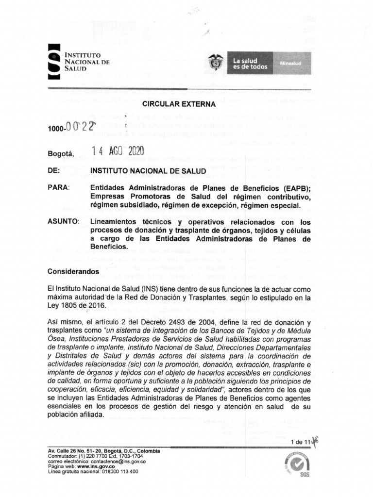 Circular 022 de 2020 Lineamientos Donación y Trasplante EAPB | PDF