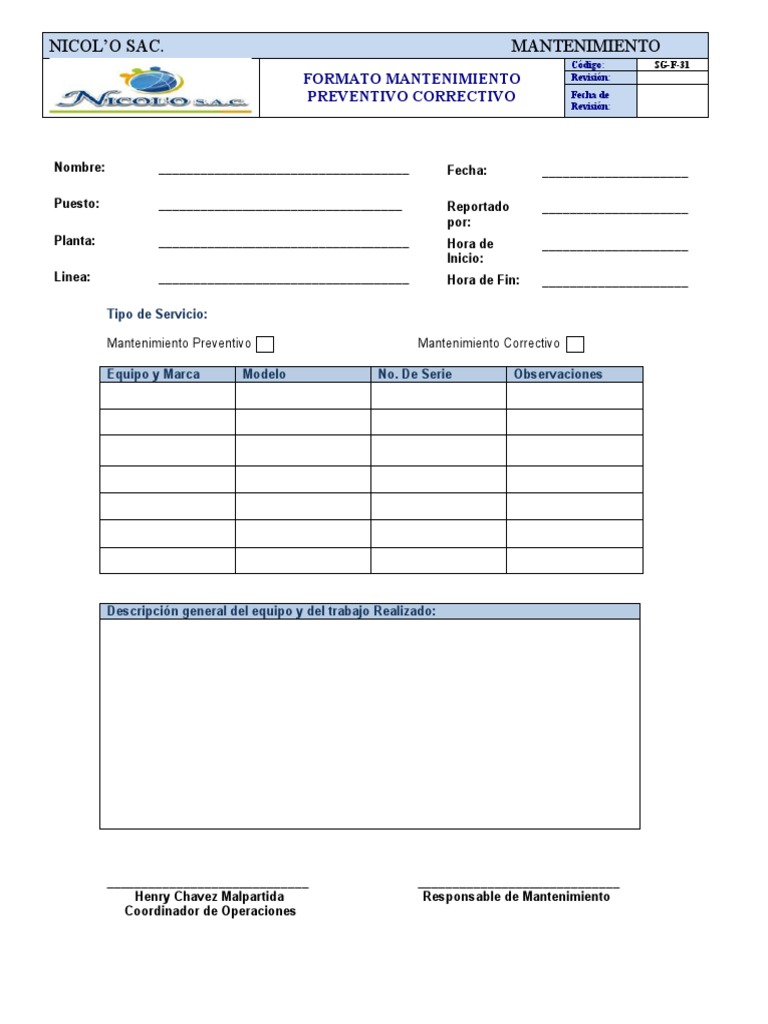 Formato de Mantenimiento Preventivo y Correctivo | PDF | Negocios | Finanzas y dinero