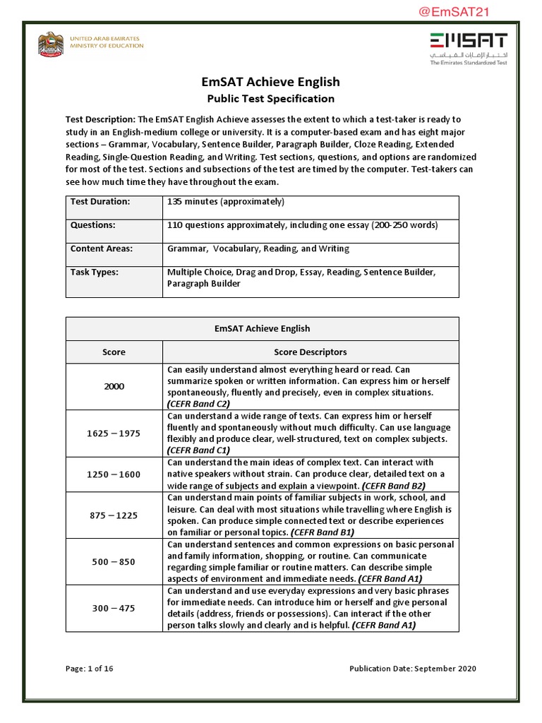 EmSAT English Achieve Test Overview | PDF | Multiple Choice | Vocabulary