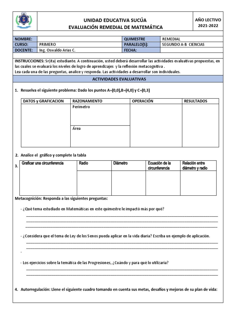 Eval Remedial Matematica 2dos | PDF | Matemáticas