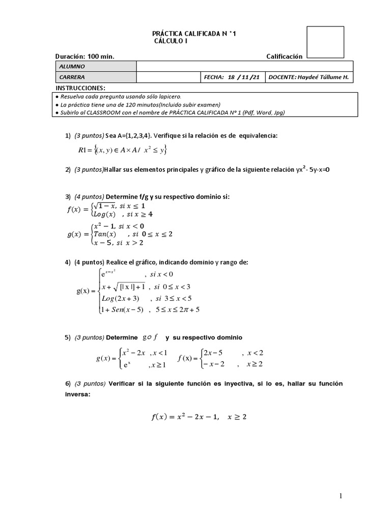 Practica Calificada #1 - Cálculo I-2021 Ii | PDF