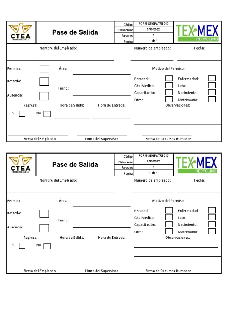 Form-Segpatri-011 Pase de Salida | PDF