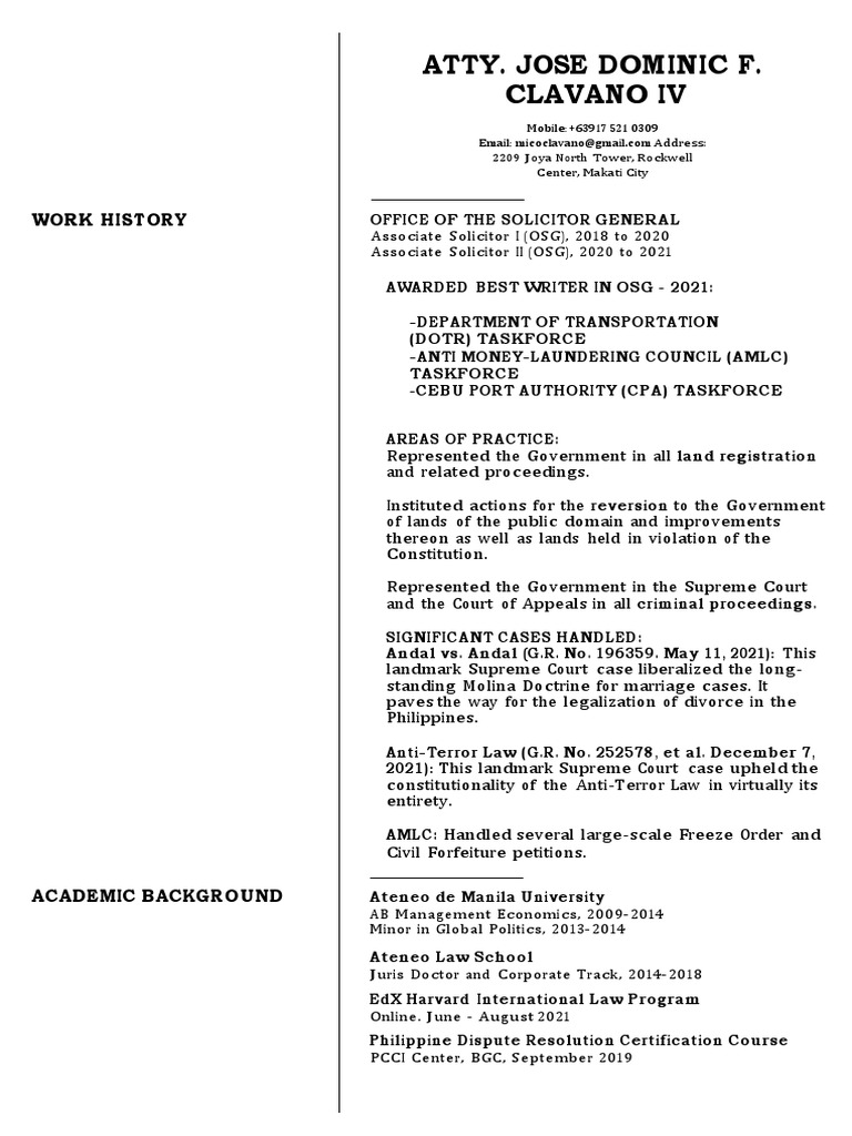 Atty. Jose Dominic F. Clavano Iv: Work History | PDF | Government | Justice