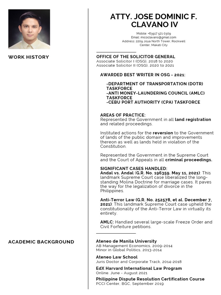 Atty. Jose Dominic F. Clavano Iv: Work History | PDF | Government | Justice