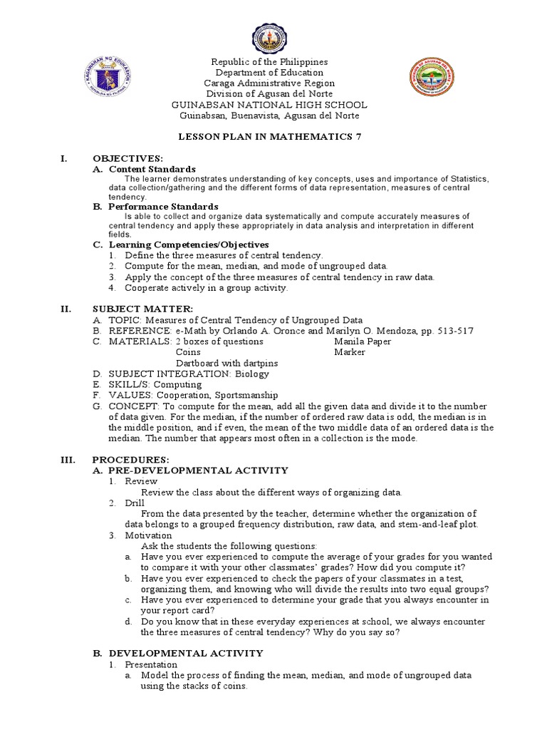 Lesson Plan in Mathematics 8 | PDF | Mean | Median