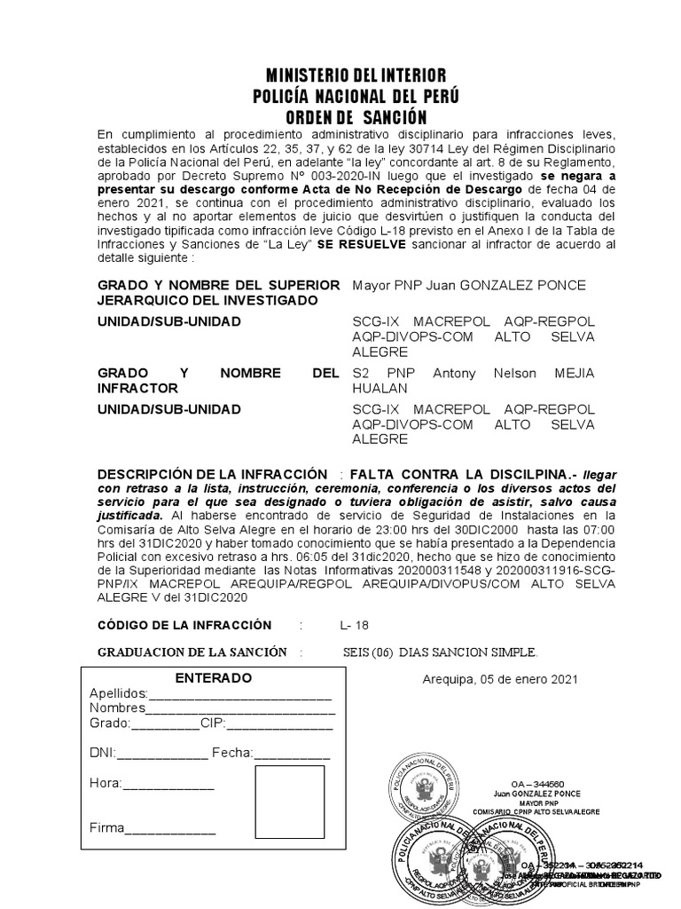 Orden de Sancion Ley 30714 Sin Descargo | PDF | Perú | América del Sur